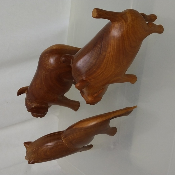 Art | Set Of 3 Carved Teak Wood Animal Sculptures Wild Boar Lion ...